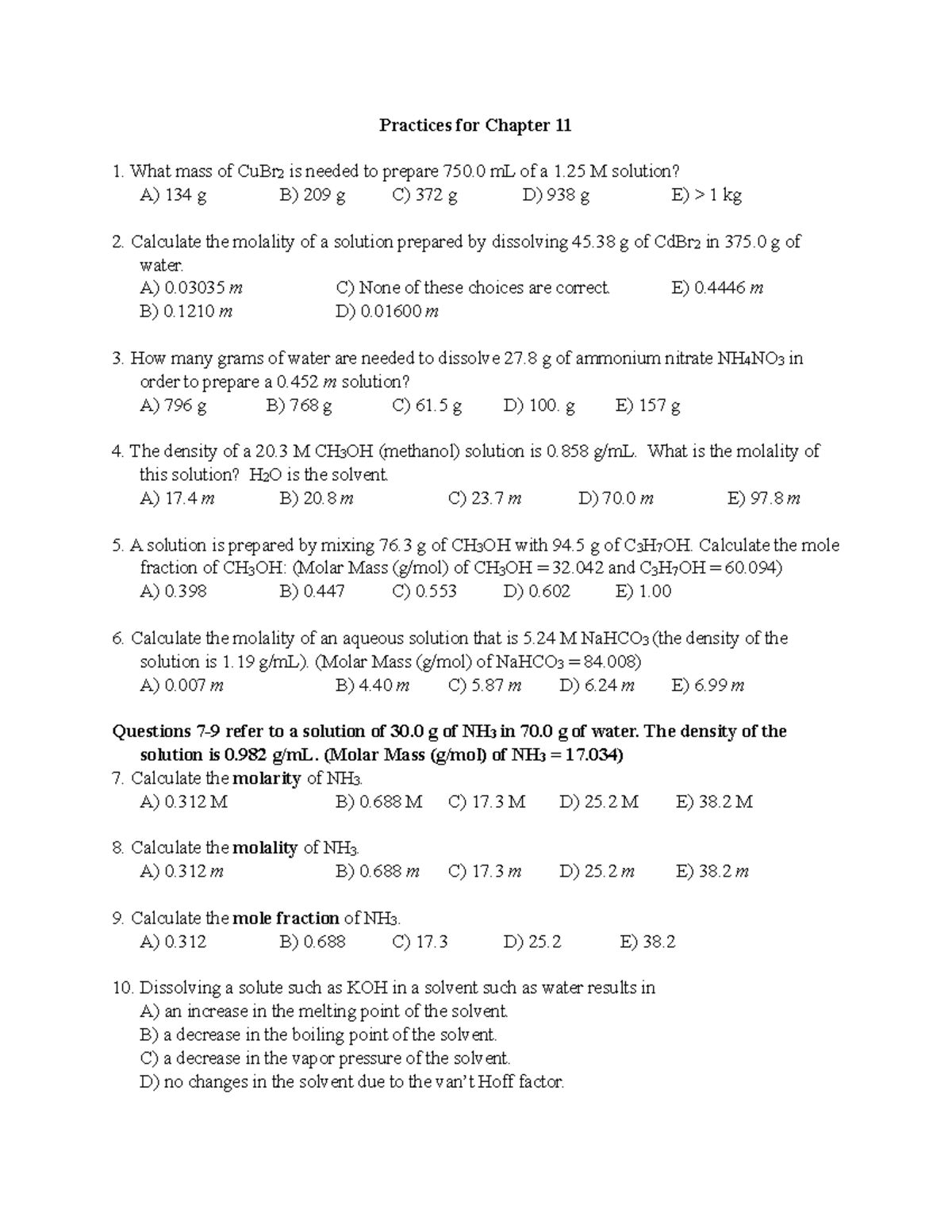 Worked Practices for Chapter 11: Solutions & Concentrations - Studocu
