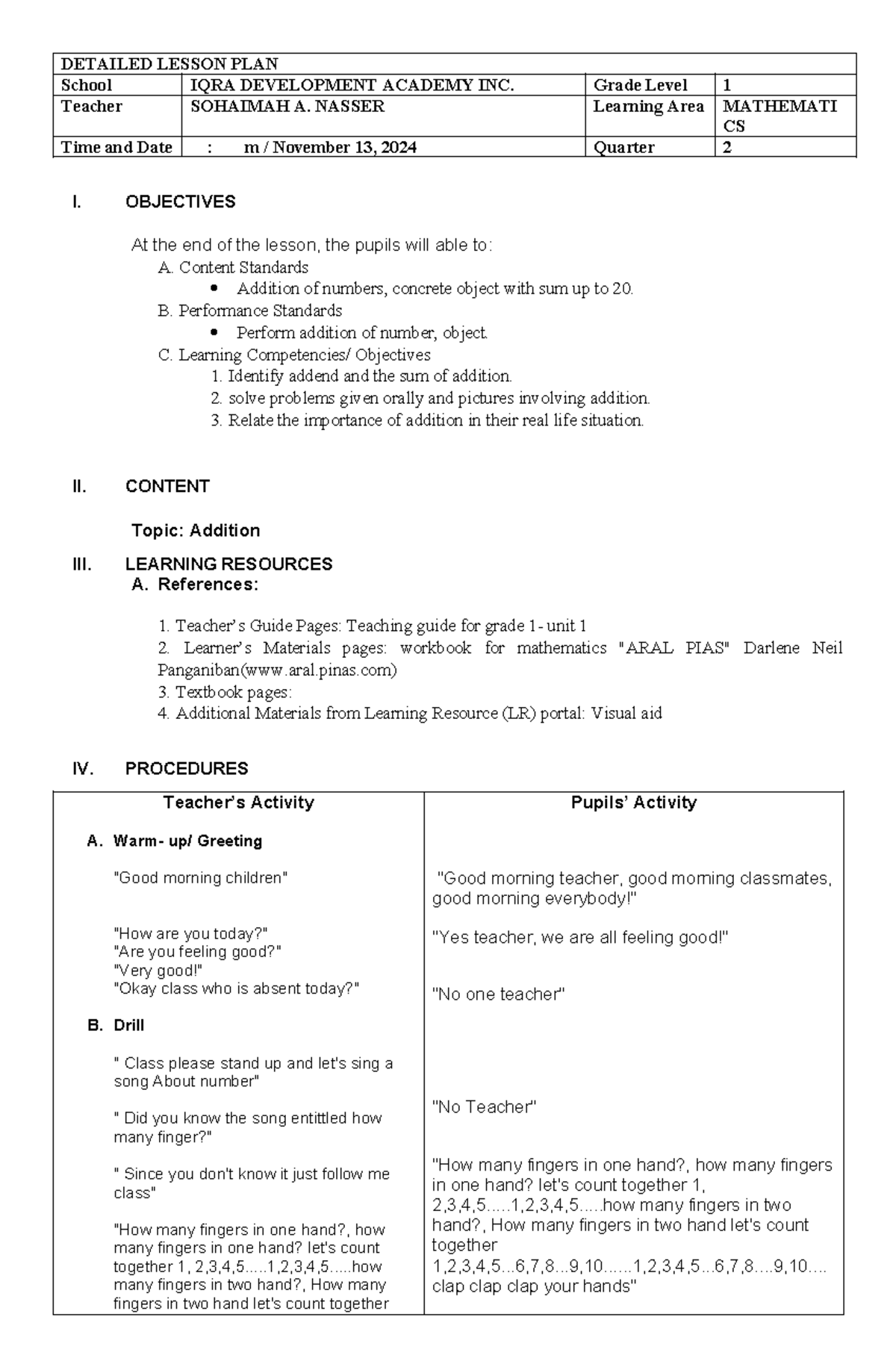 Detailed Lesson Plan on Addition for Grade 1 Math (113321) - Studocu