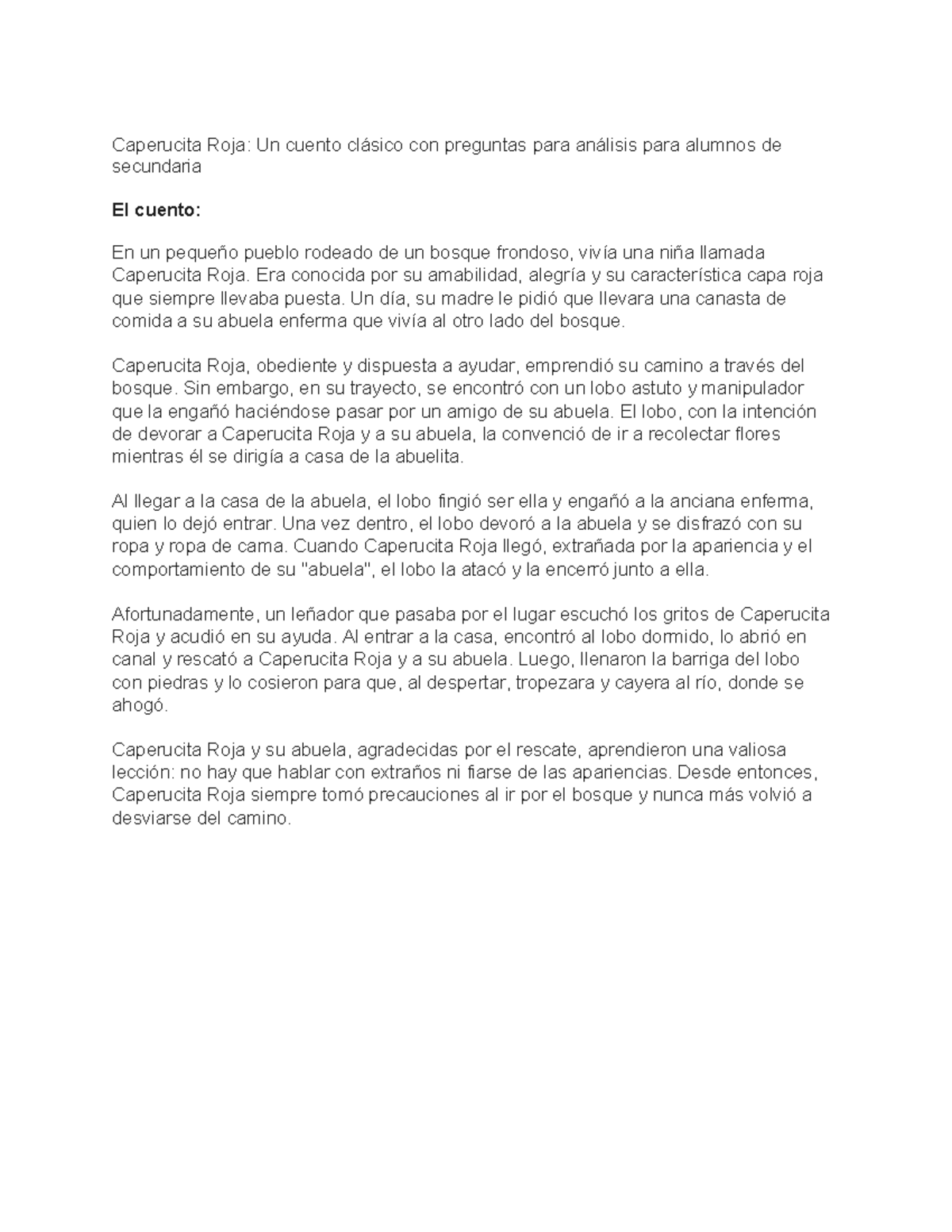 Caperucita Roja: Análisis y Preguntas para Estudiantes de Secundaria ...