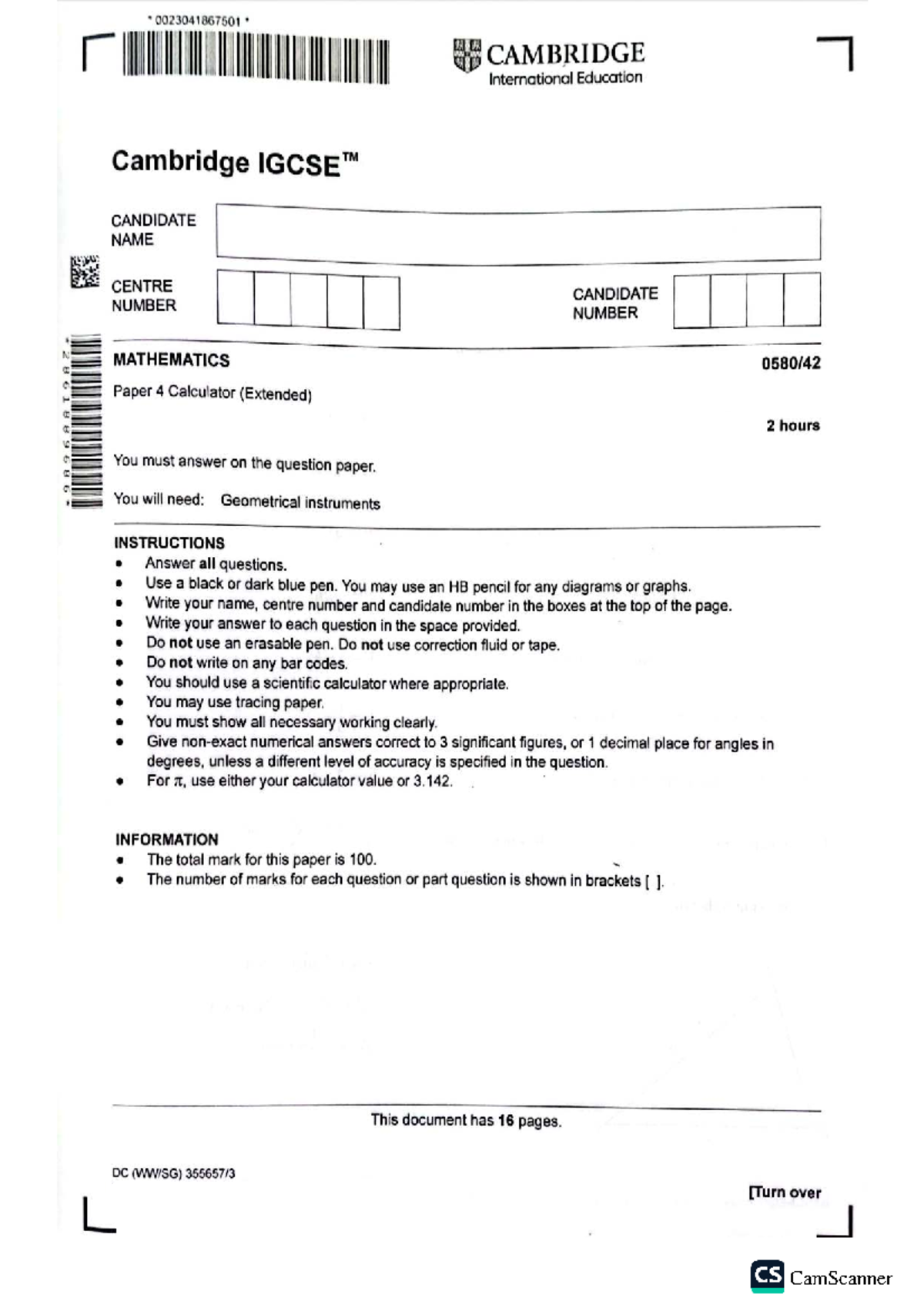 Mathematics Paper 4 (0580) Unsolved Questions - Feb/Mar 2026 - Studocu