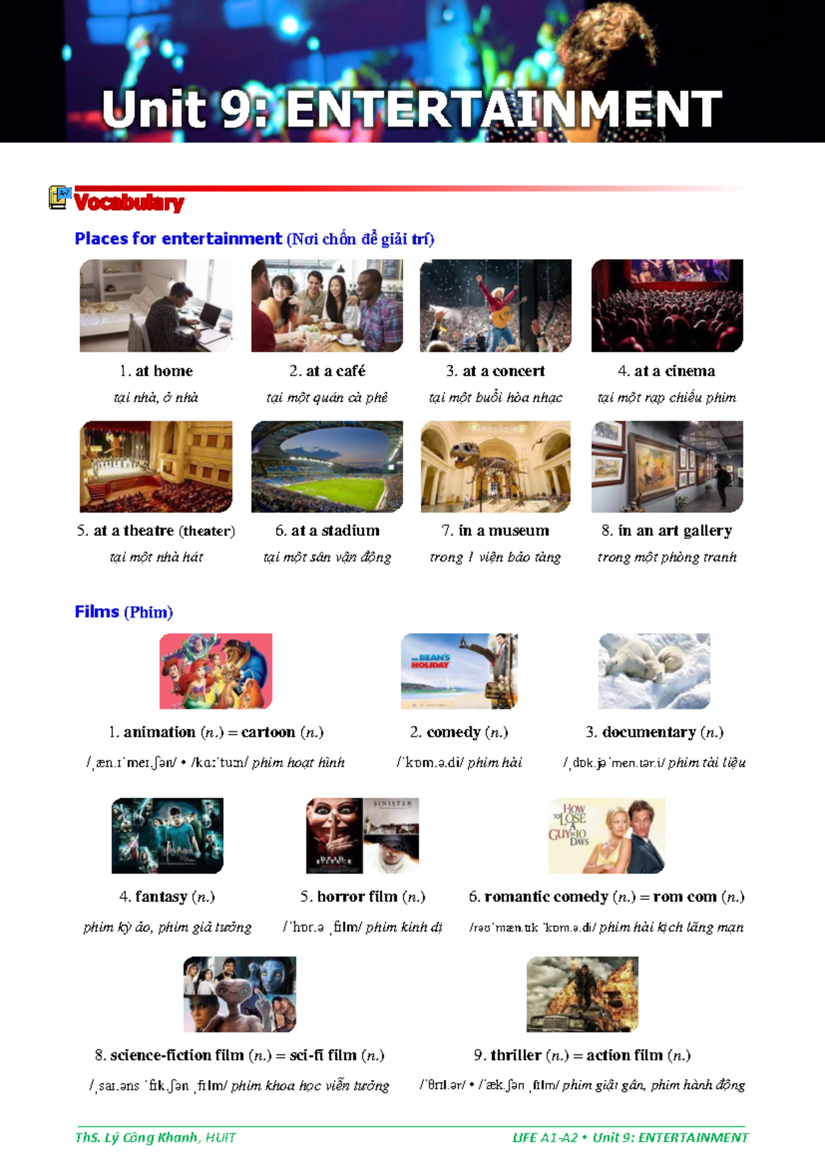 LIFE A1-A2: Unit 9 - Entertainment Vocabulary & Activities - Studocu
