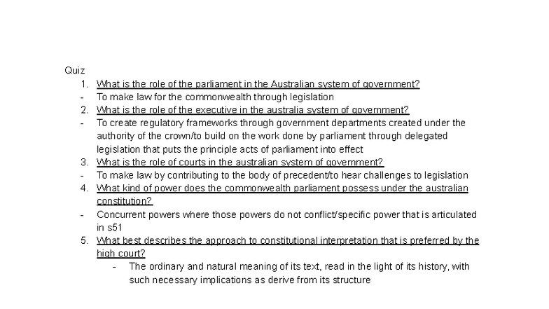 Quiz: The Role of Parliament, Executive, and Courts in Australia - Studocu