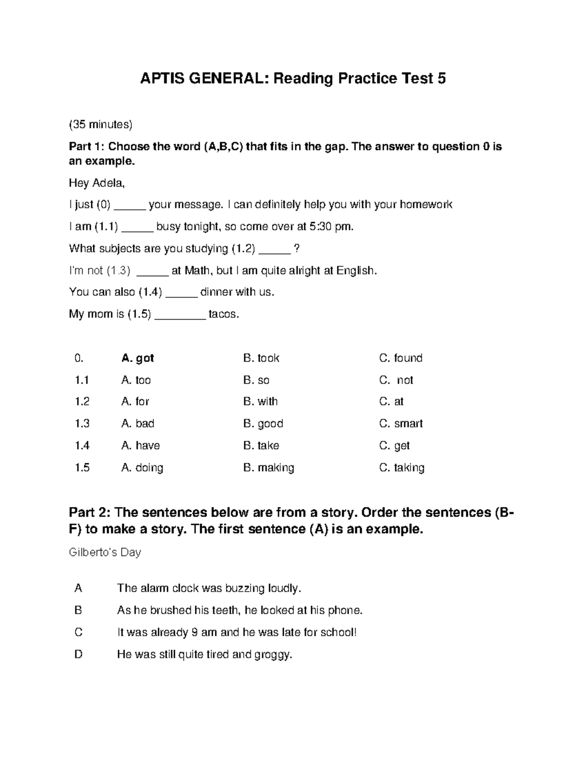 APTIS GENERAL: Reading Practice Test 5 - Complete Guide - Studocu