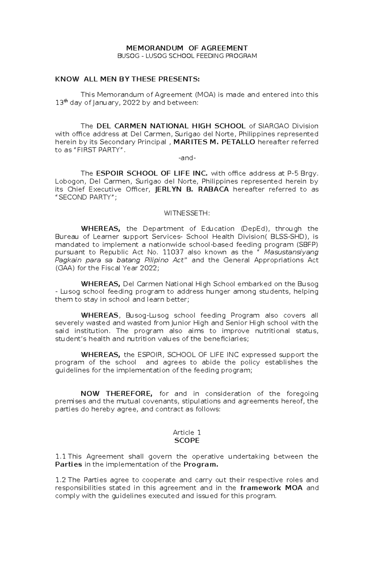 MoA for Busog-Lusog School Feeding Program: DCNHS & Espoir Inc. - Studocu