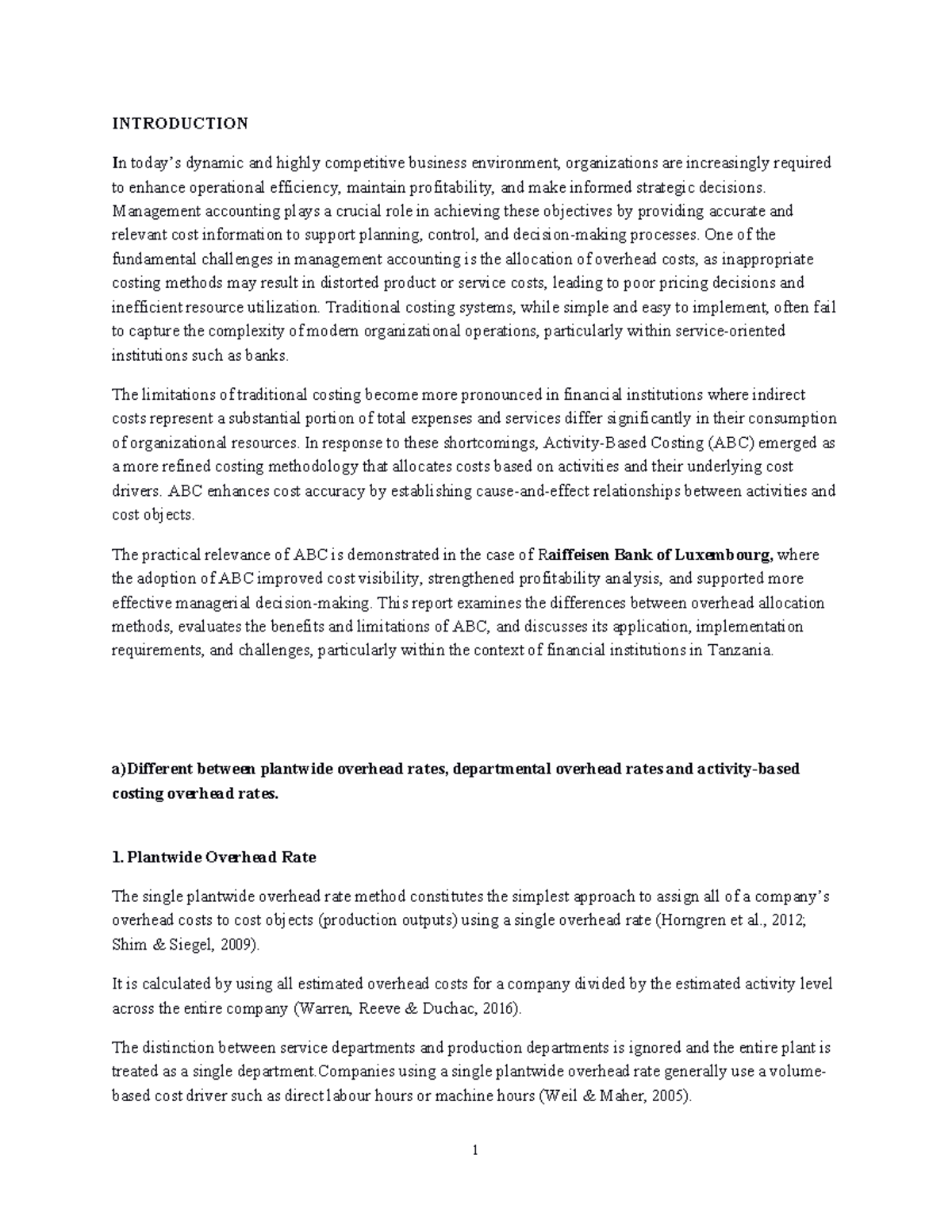Assignment on Activity Based Costing (ABC) Method: Analysis ...