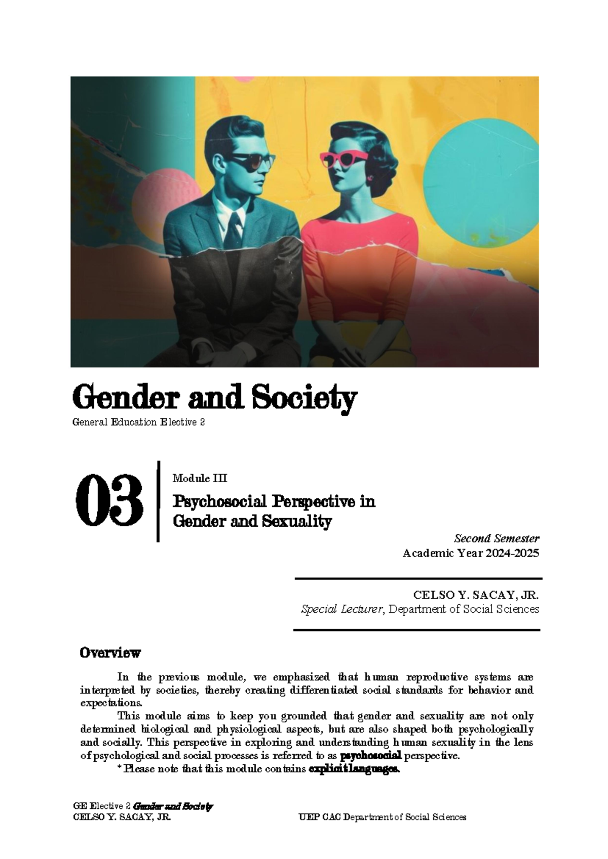 Module III: Psychosocial Perspectives in Gender & Sexuality (GE ...