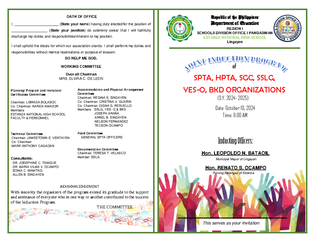 Induction Invitation for Estanza National High School (SY 2024-2025 ...