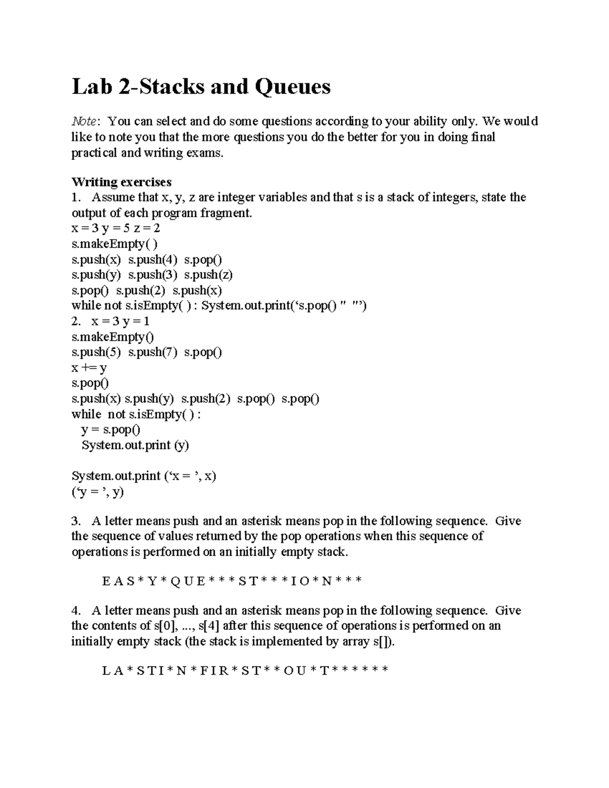 Lab 2: Stacks & Queues Exercises and Java Implementations - Studocu