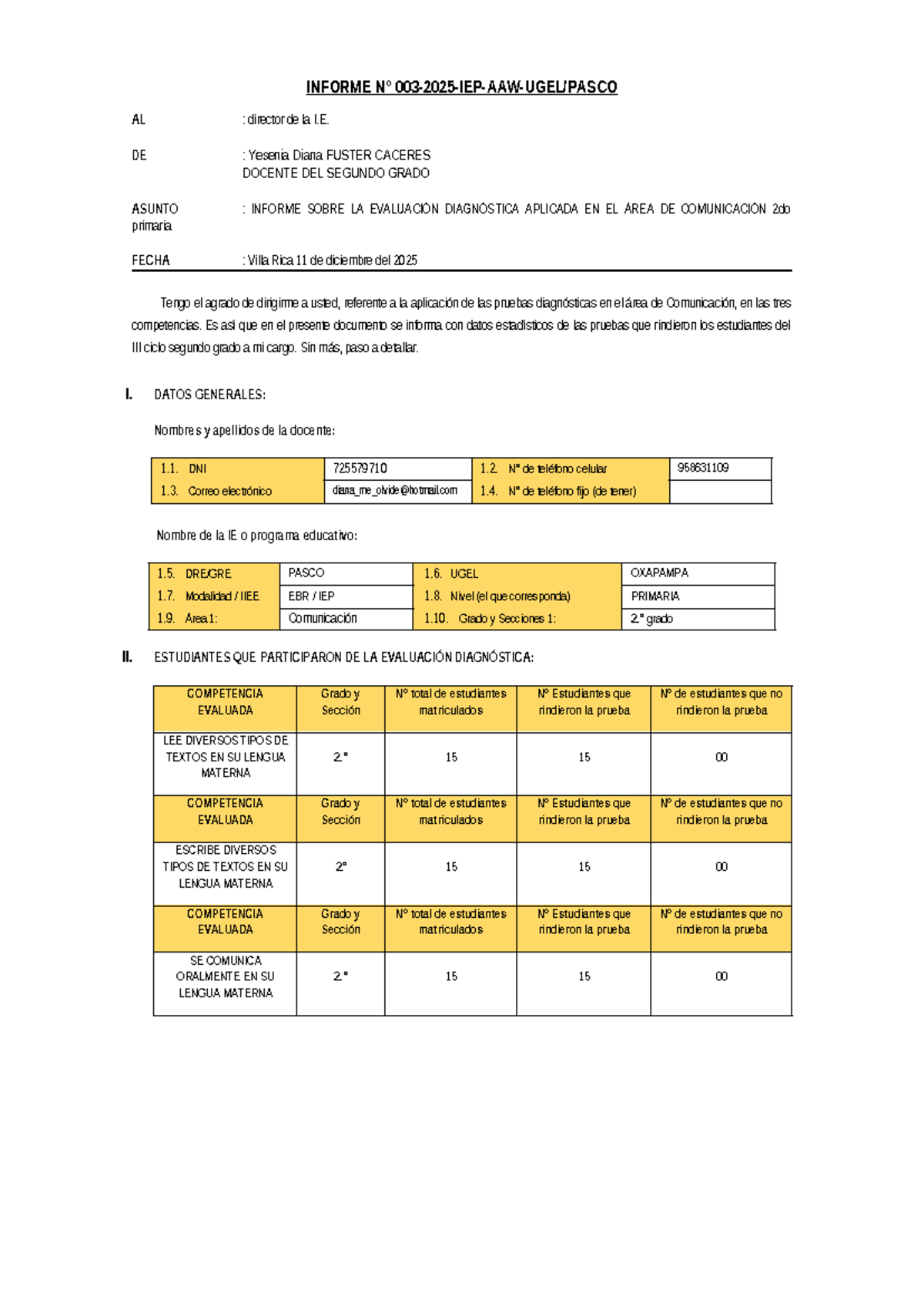 Informe Final de Evaluación Diagnóstica - 2do Grado Primaria - Studocu