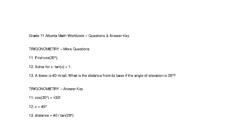 Grade 11 Math Workbook Answer Key: Trigonometry & Quadratics - Studocu