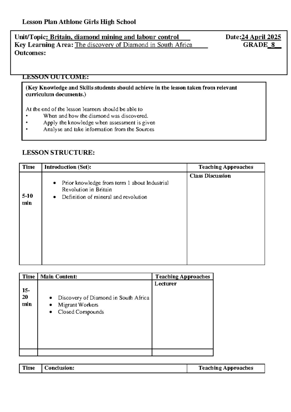 Lesson Plan SS G8: Diamond Mining & Labour Control at Athlone High ...