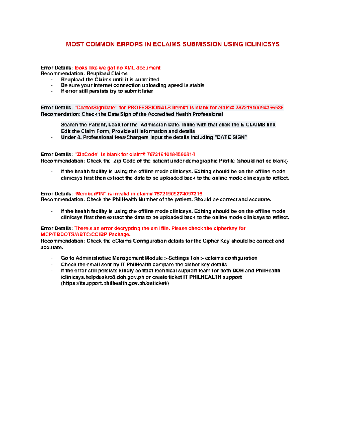 Common Eclaims Submission Errors & Recommendations using Iclinicsys - Studocu