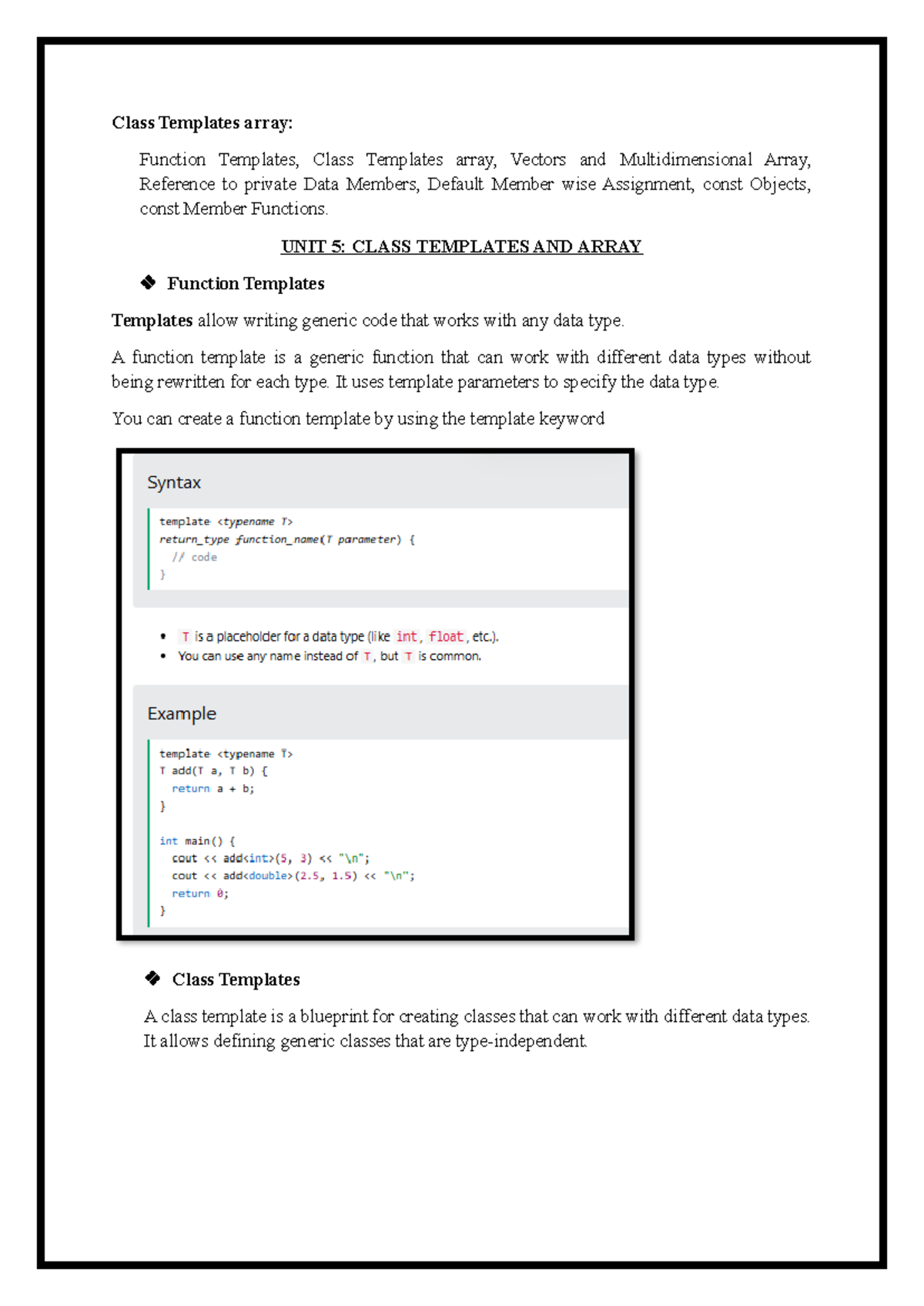Chapter 5: Class Templates & Function Templates Notes - Studocu