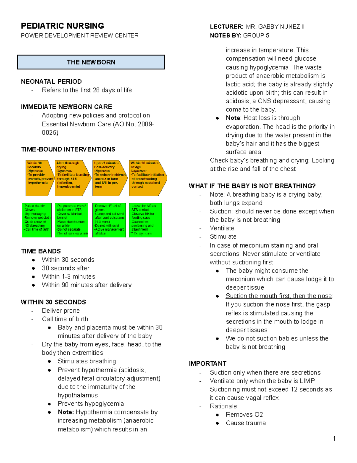 Pediatric Nursing - Lecture Notes on Newborn Care & Interventions - Studocu