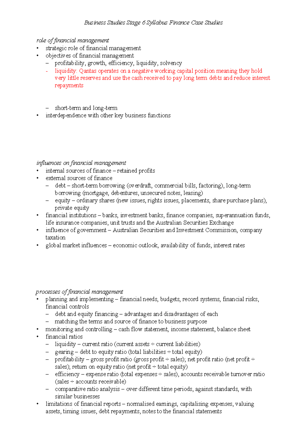 Business Studies Stage 6: Finance Case Studies & Financial Management ...