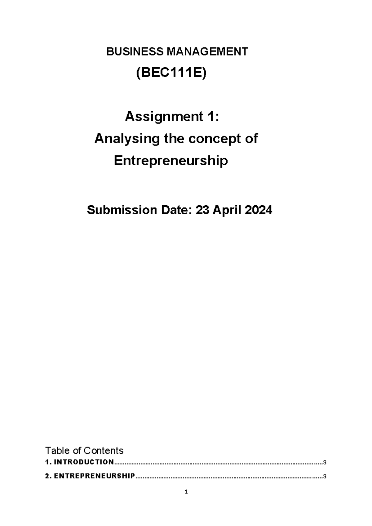 BUSINESS MANAGEMENT 1st Year Assignment: Analyzing Entrepreneurship ...