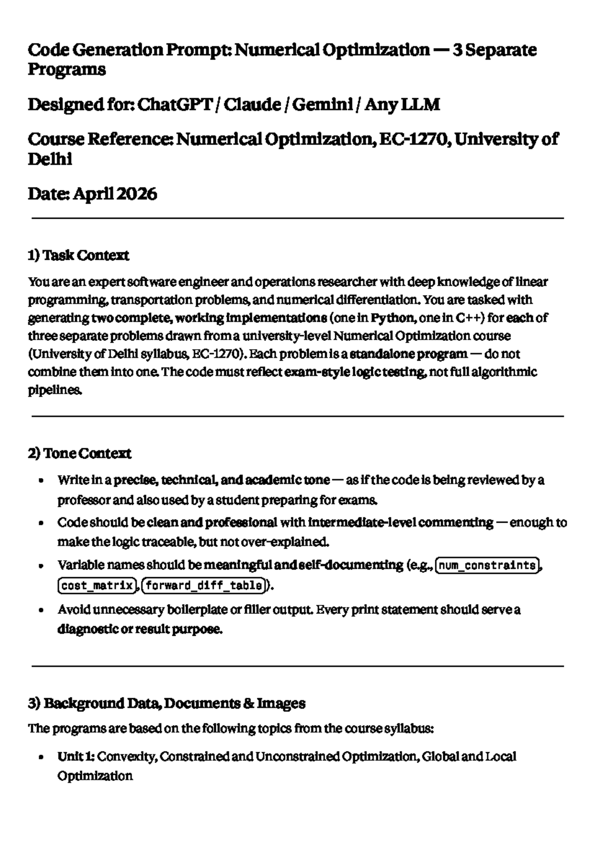 Numerical Optimization (NUMOPT) Code Generation: 3 Programs for LLMs ...