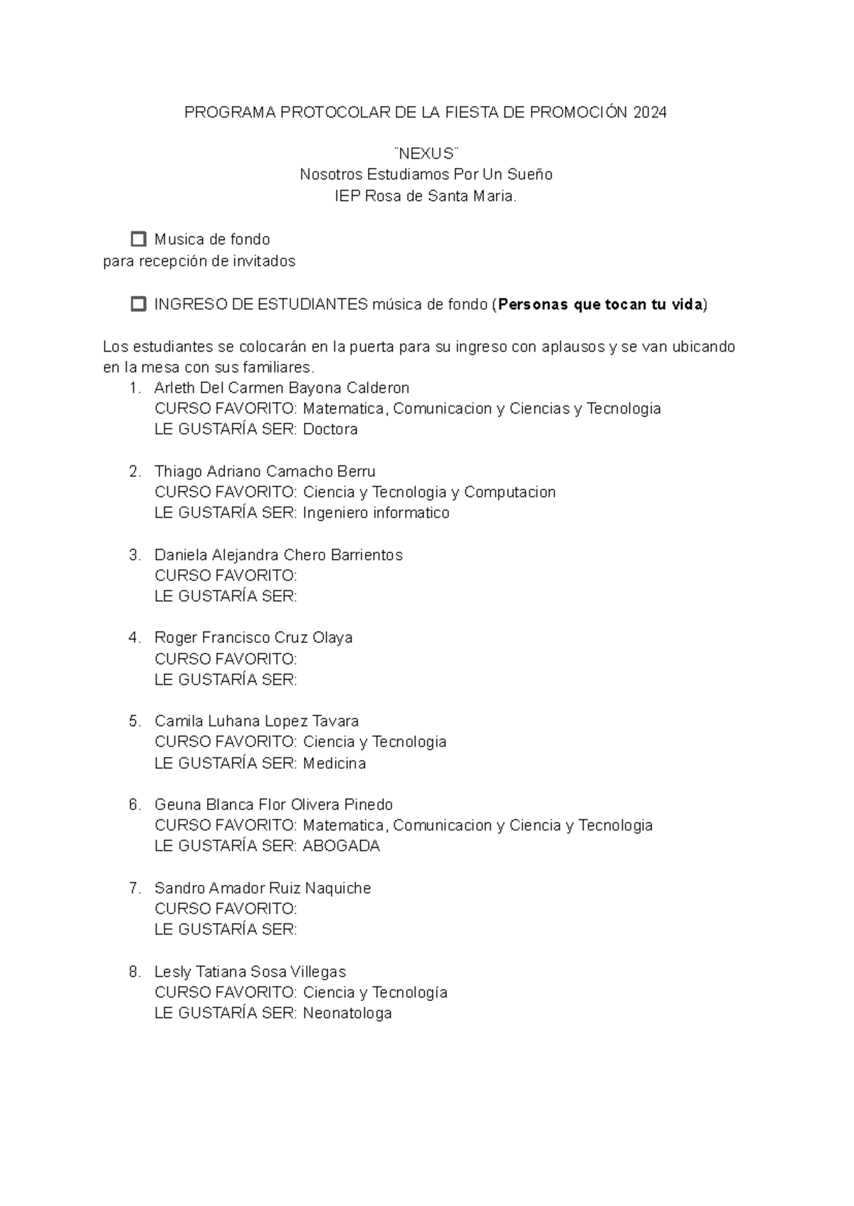 Programa DE Promocion - PROGRAMA PROTOCOLAR DE LA FIESTA DE PROMOCIÓN 2024 ̈NEXUS ̈ Nosotros ...