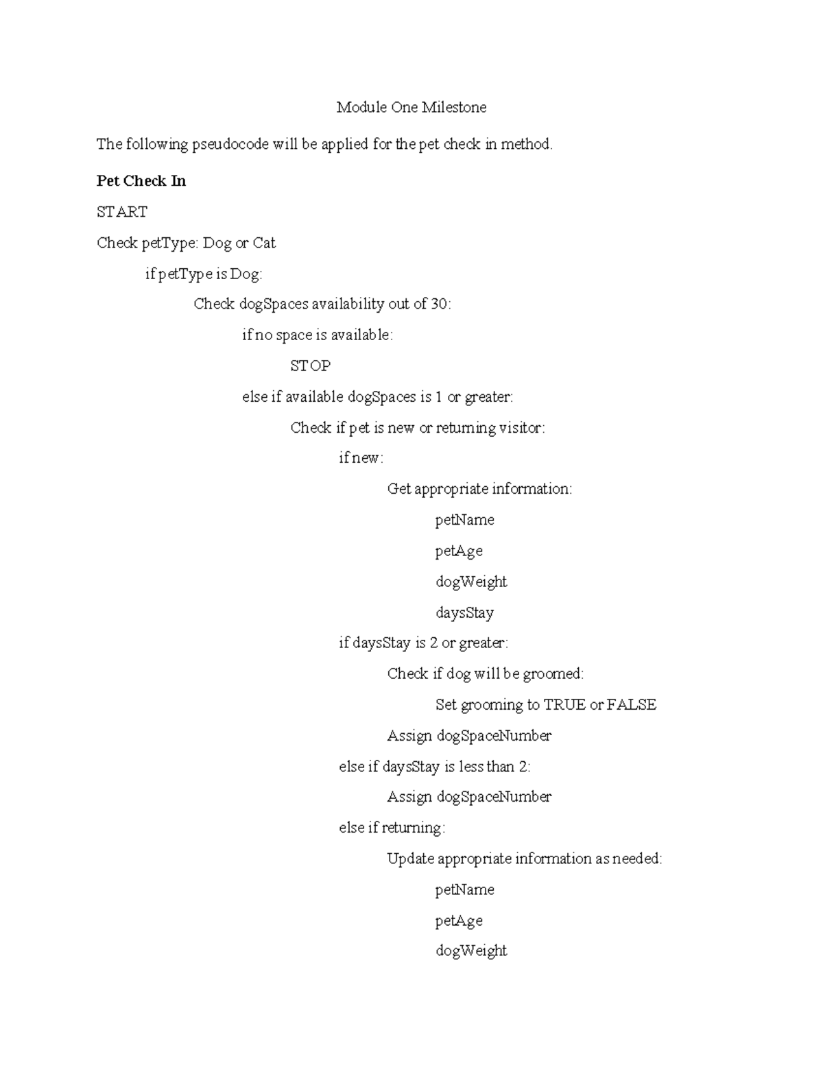 IT 145 Module 1 Milestone: Pseudocode for Pet Check-In System - Studocu