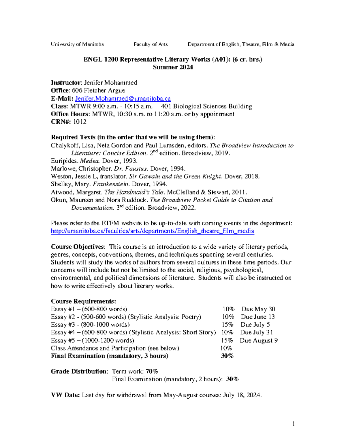 ENGL 1200 A01 Syllabus: Representative Literary Works - Summer 2024 ...