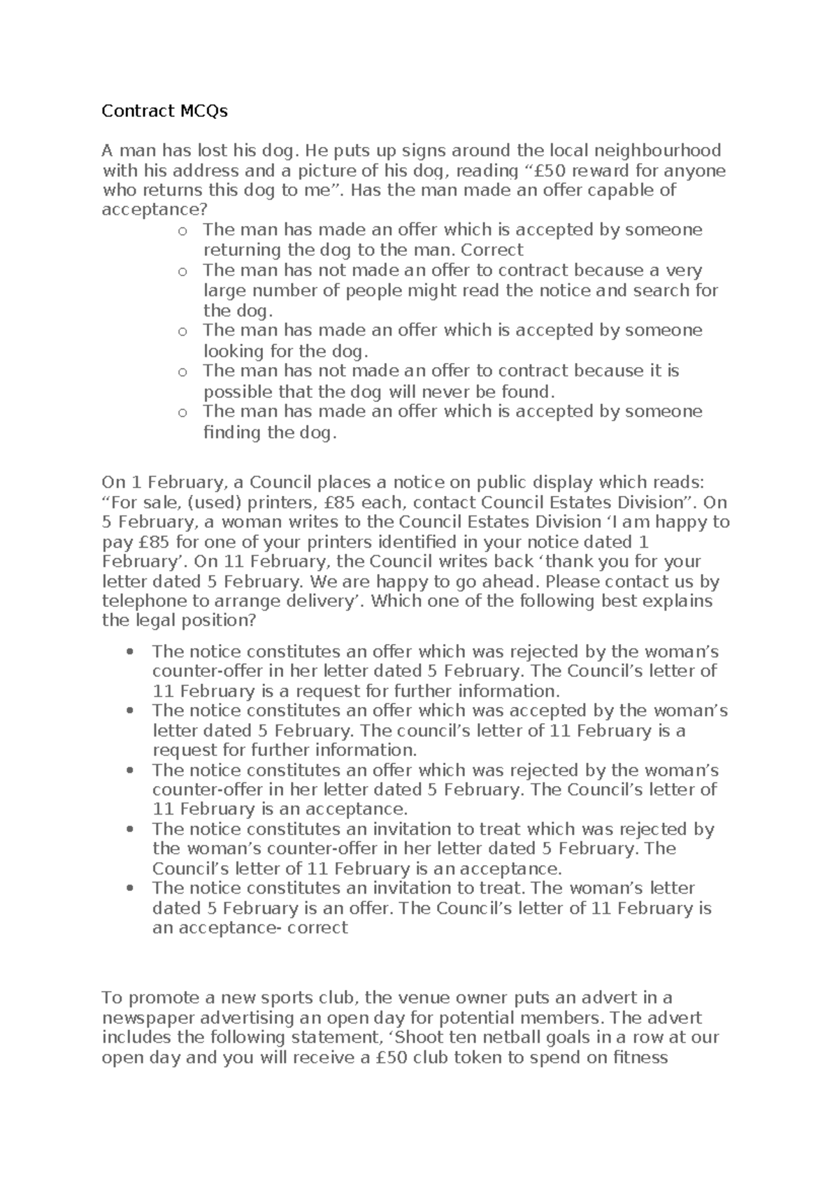 Contract Law MCQs - Key Concepts and Case Scenarios Explained - Studocu