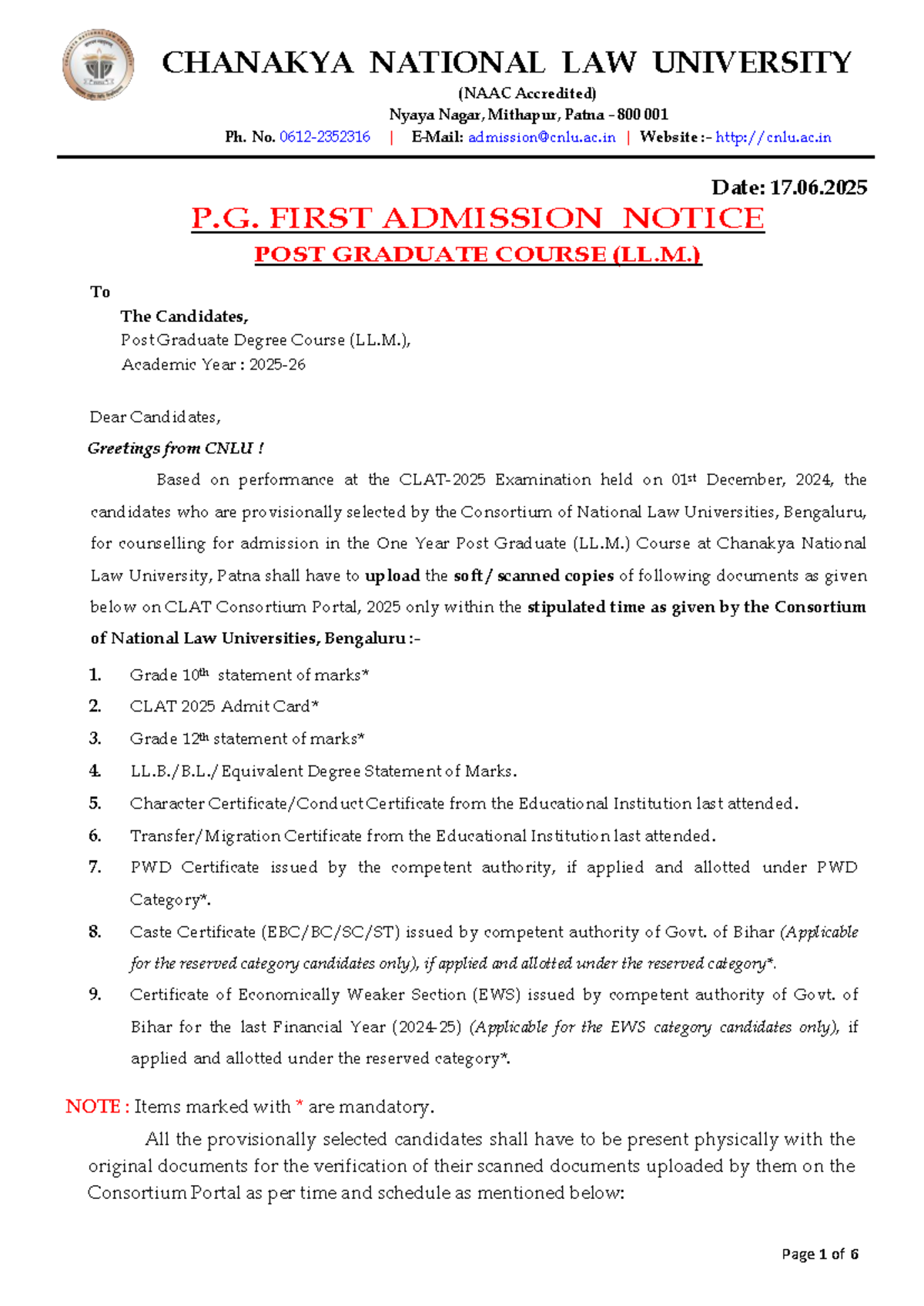 CNLU LL.M. Admission Notice & Document Verification Details 2025 - Studocu