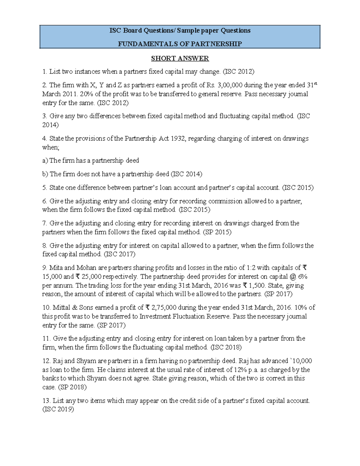 ISC Fundamentals of Partnership Sample Paper Questions - Studocu