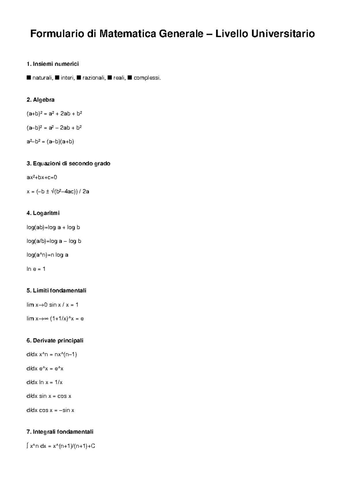 Formulario di Matematica Generale Universitaria: Concetti Fondamentali ...