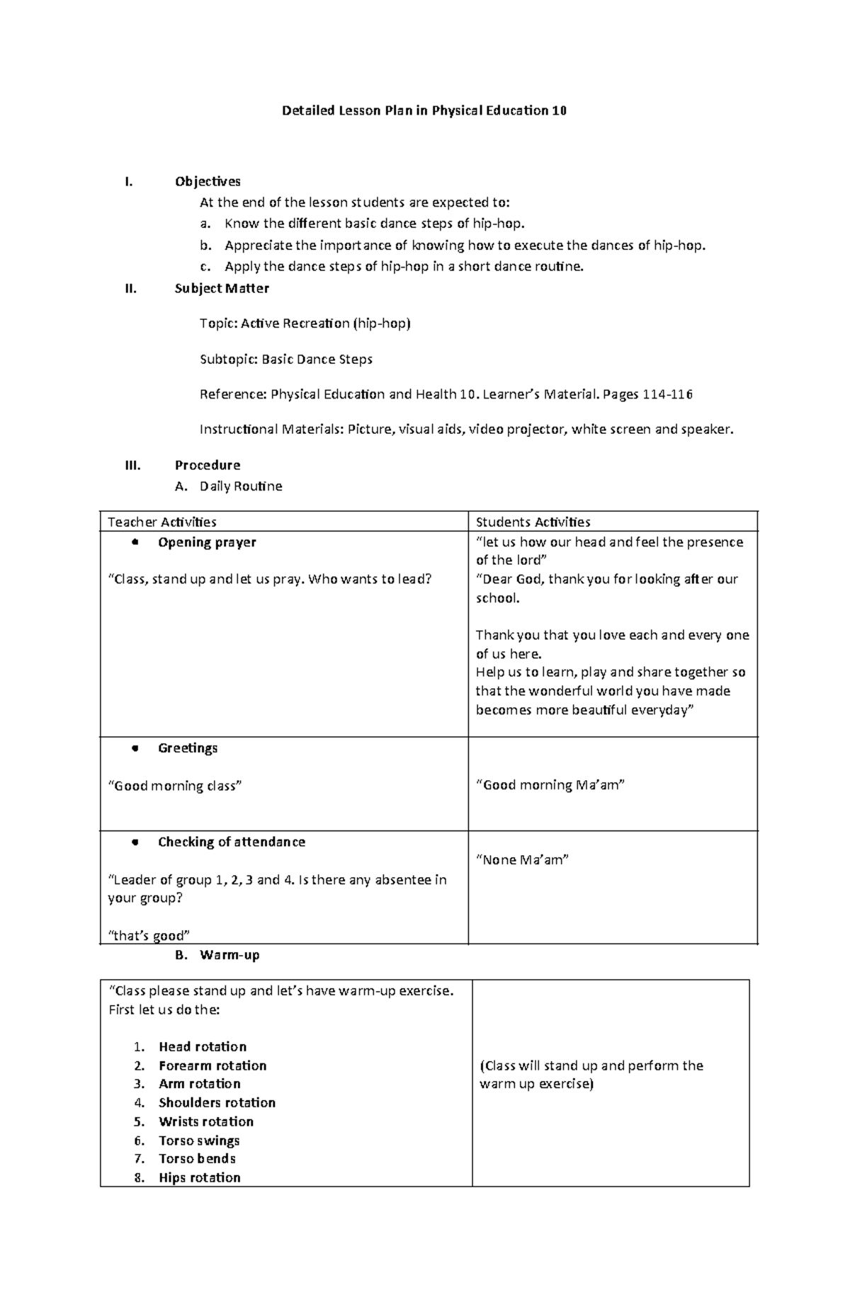 Ssss - vdddd - Detailed Lesson Plan in Physical Education 10 I ...