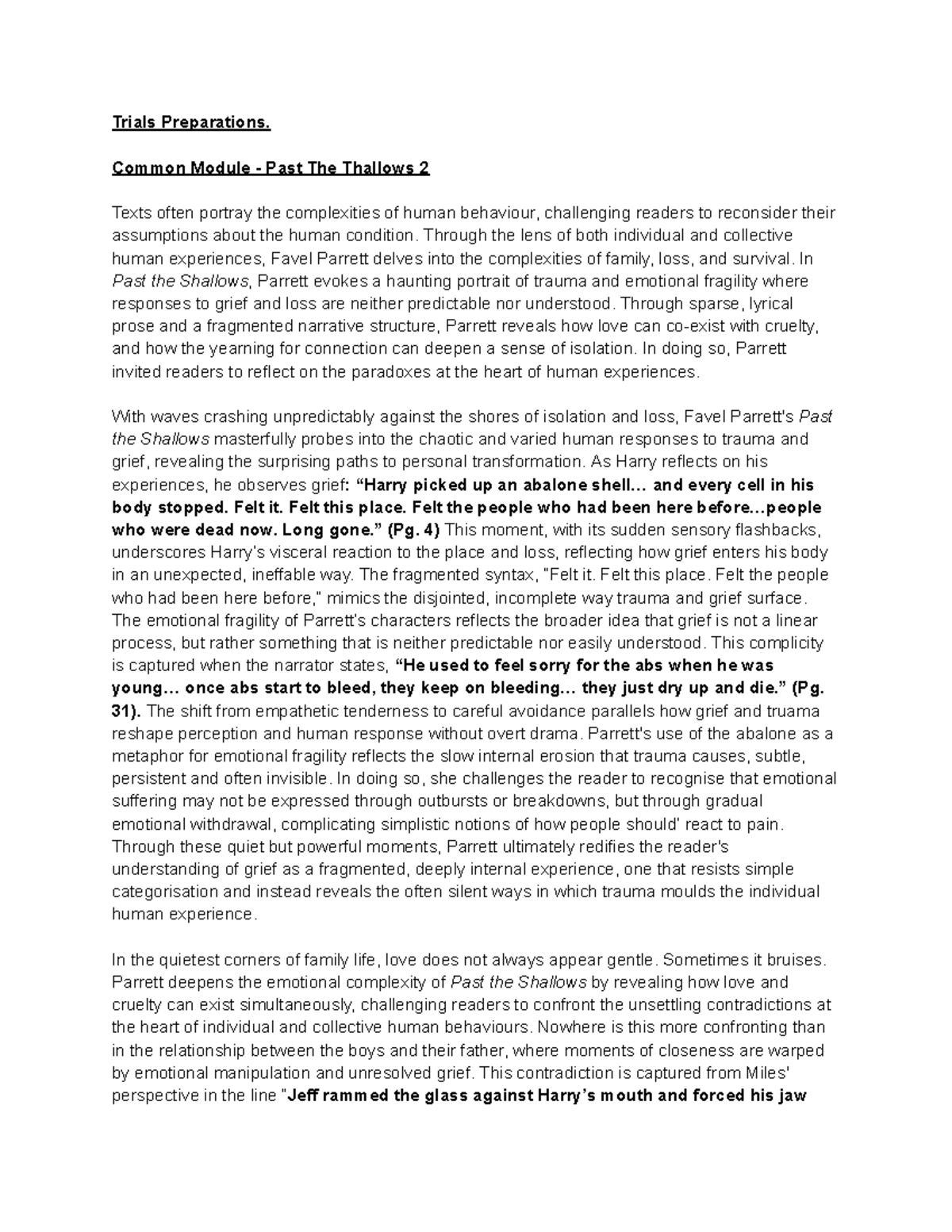 Past The Shallows - Trials Essay Analysis - Studocu