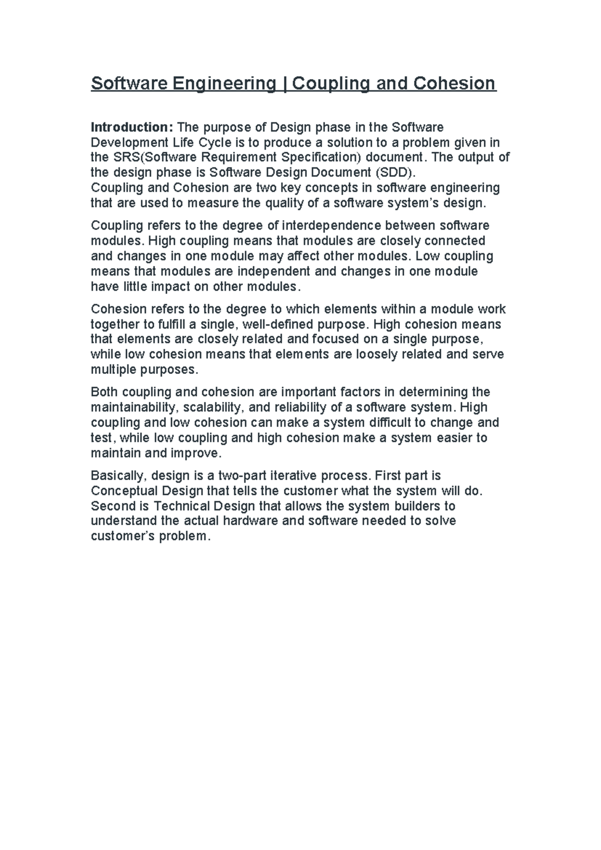 Software Engineering: Understanding Coupling & Cohesion Concepts - Studocu