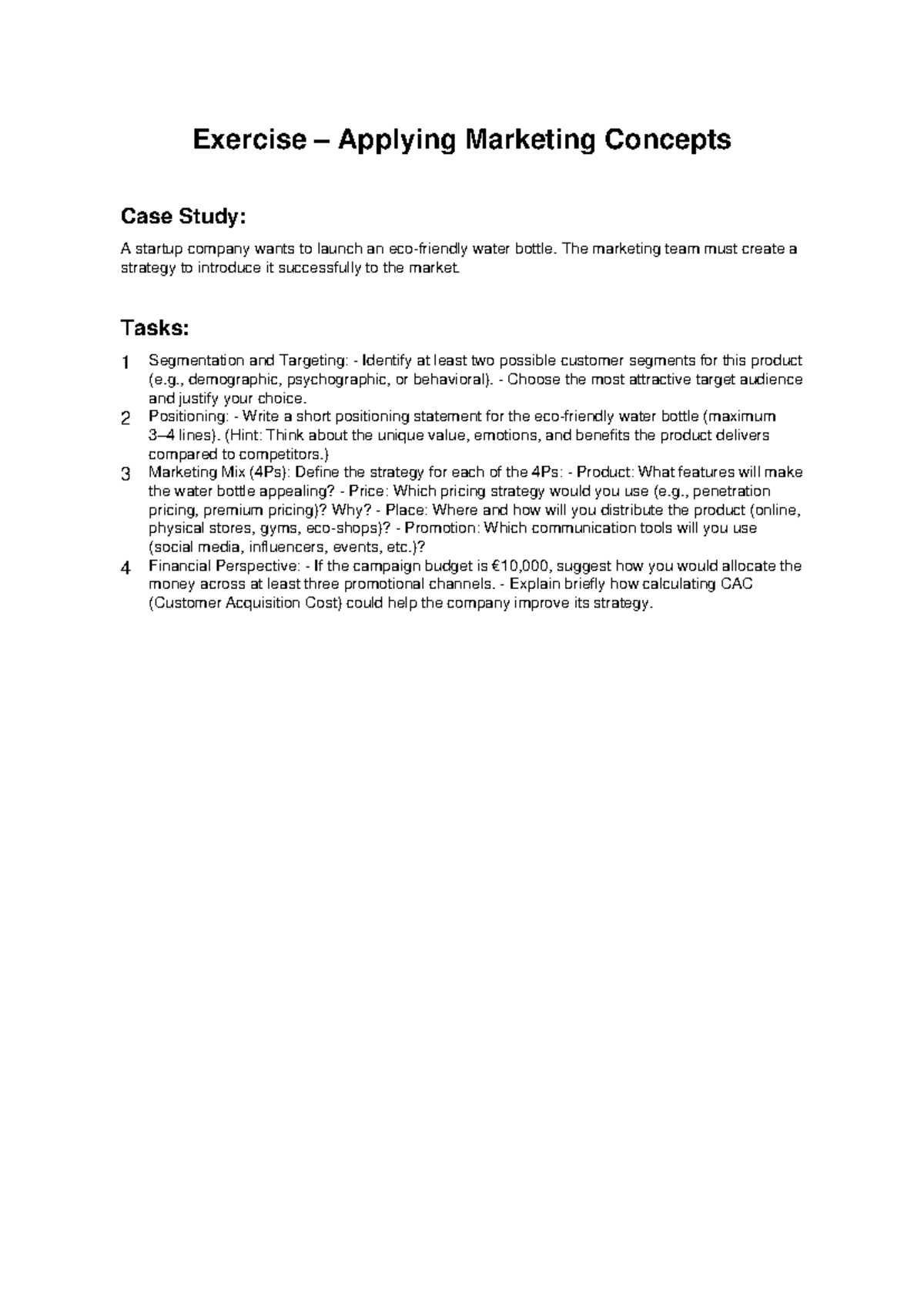 Marketing Exercise: Case Study on Water Bottle Launch Strategy - Studocu