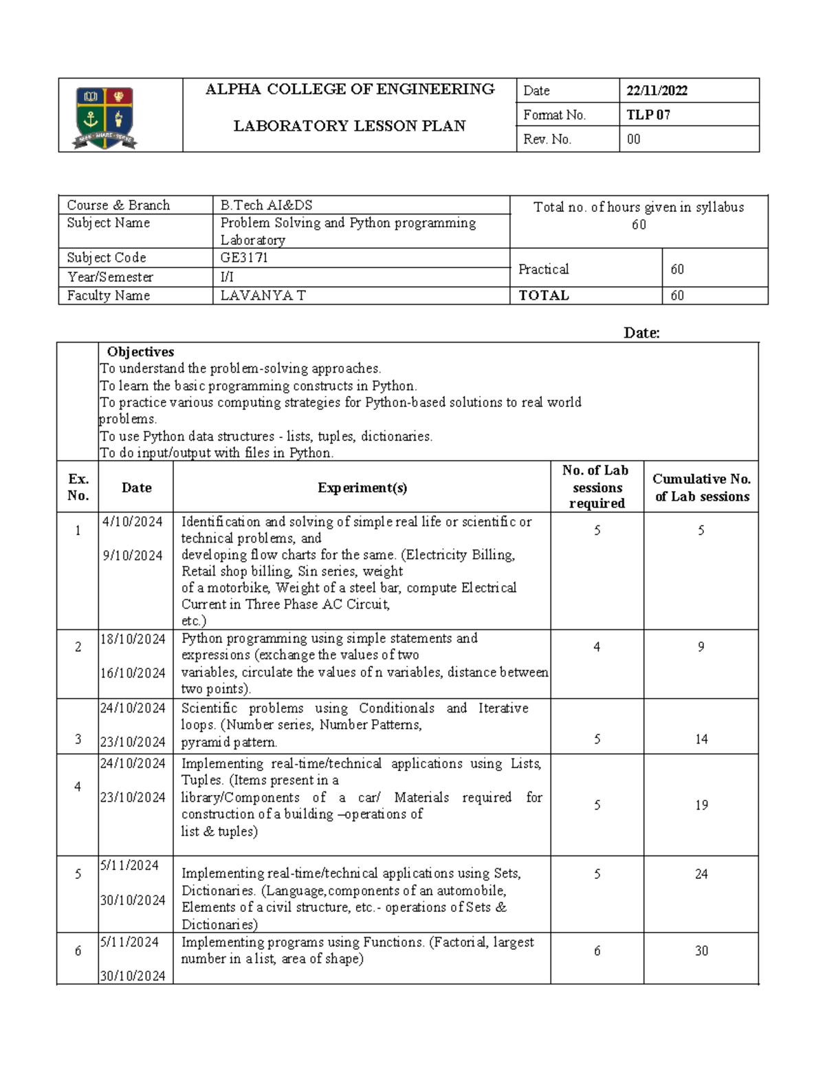 B.Tech GE3171 Problem Solving & Python Programming Lab Lesson Plan - Studocu