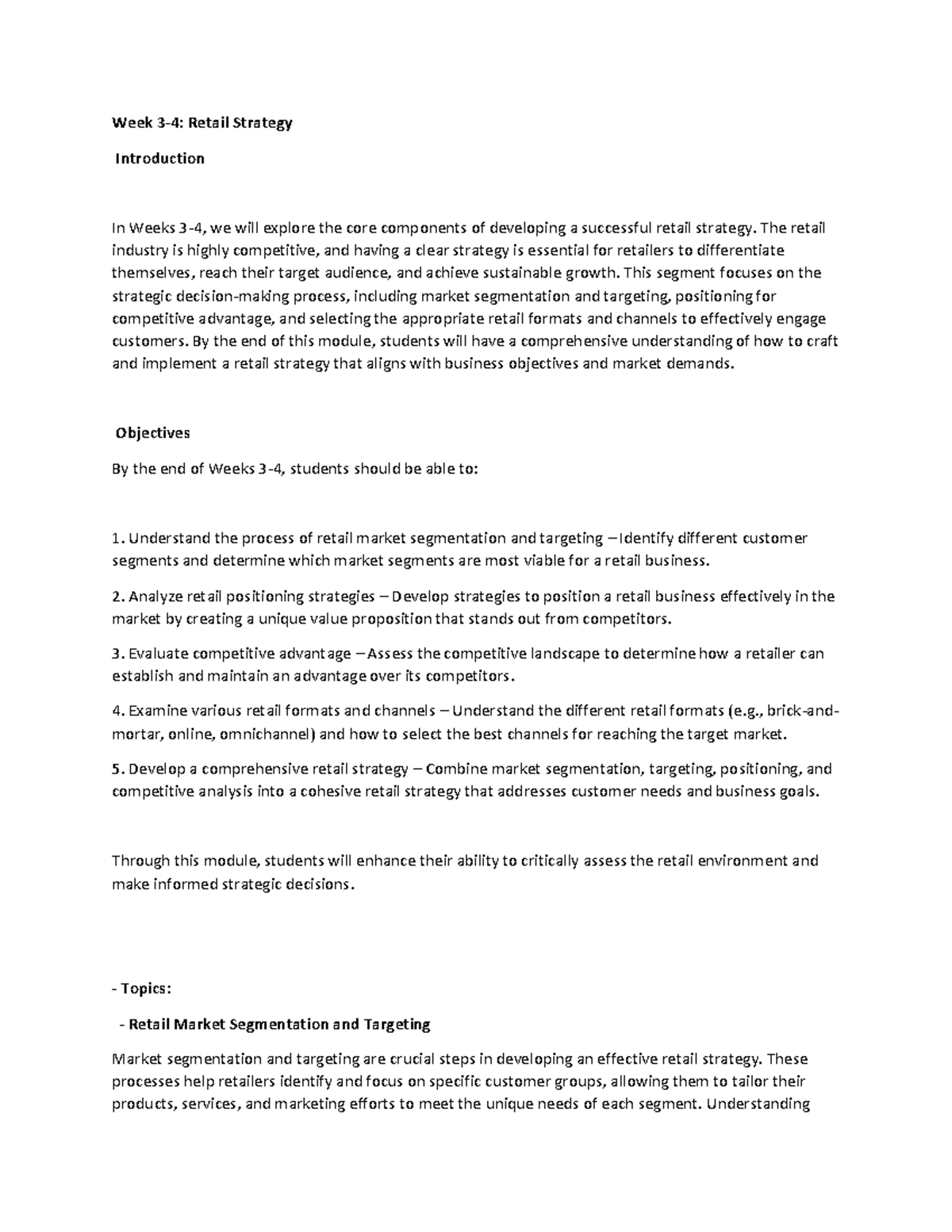 Week 3-4 Retail Strategy: Crafting Competitive Advantage and ...