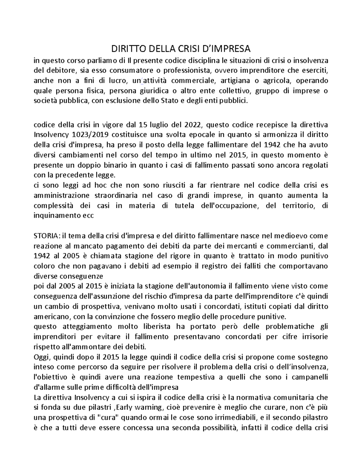DIRITTO DELLA CRISI: Analisi del Codice della Crisi e Insolvenza - Studocu