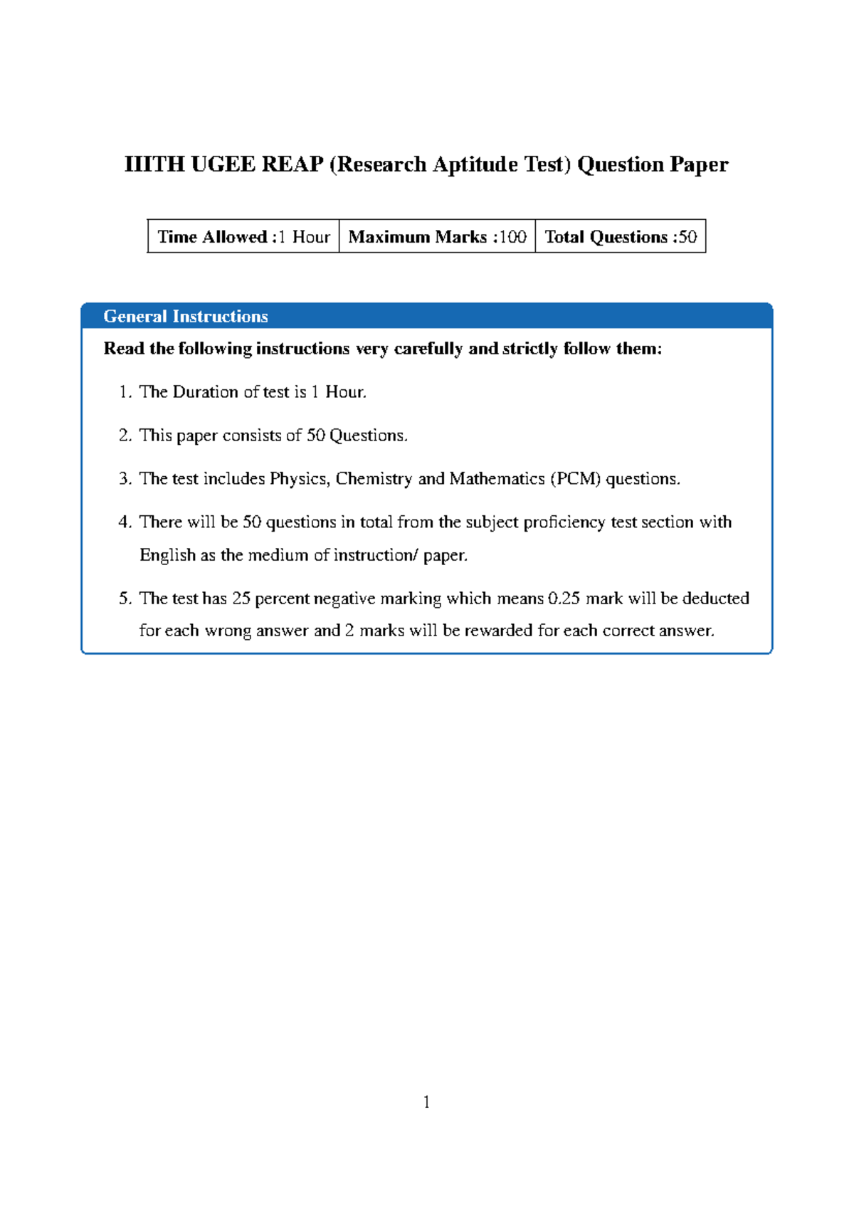 UGEE REAP (Research Aptitude Test) Question Paper - 1 Hour, 100 Marks ...