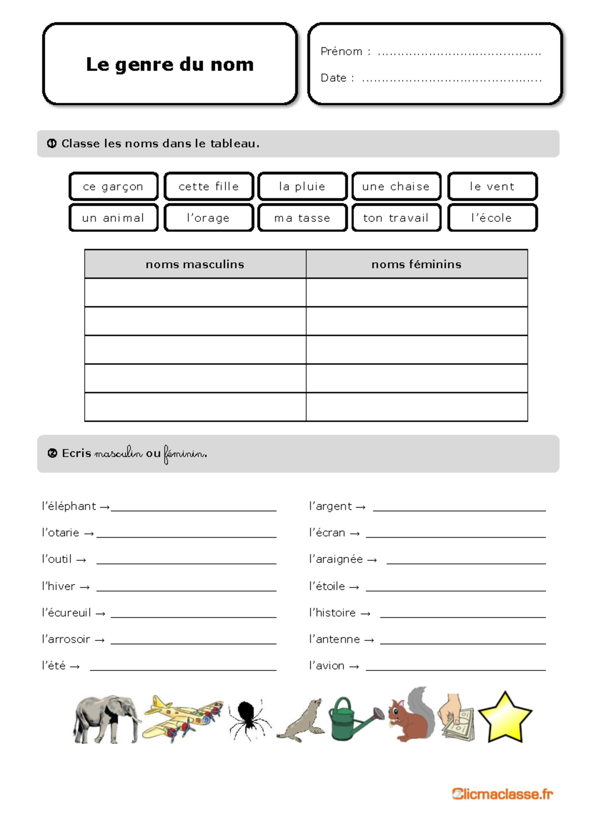 Genre du Nom - Exercice de Classement des Noms - Studocu