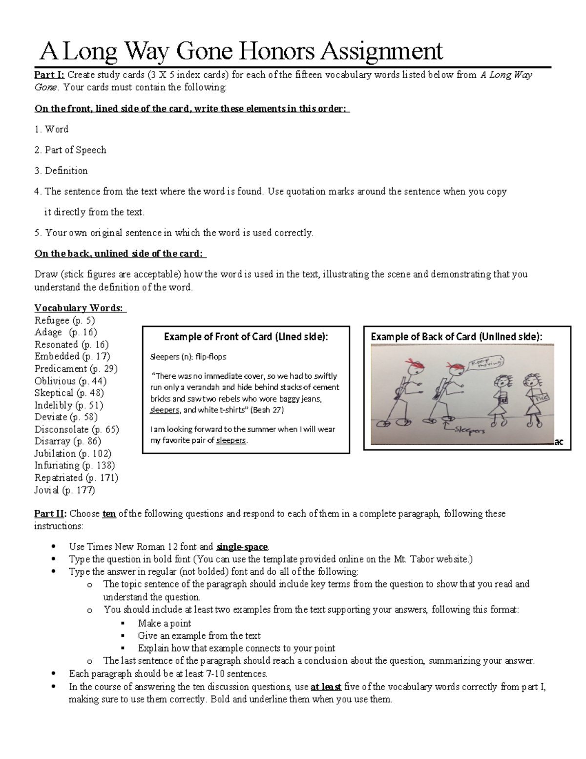 A Long Way Gone Honors Vocab Cards & Discussion Response Guide - Studocu
