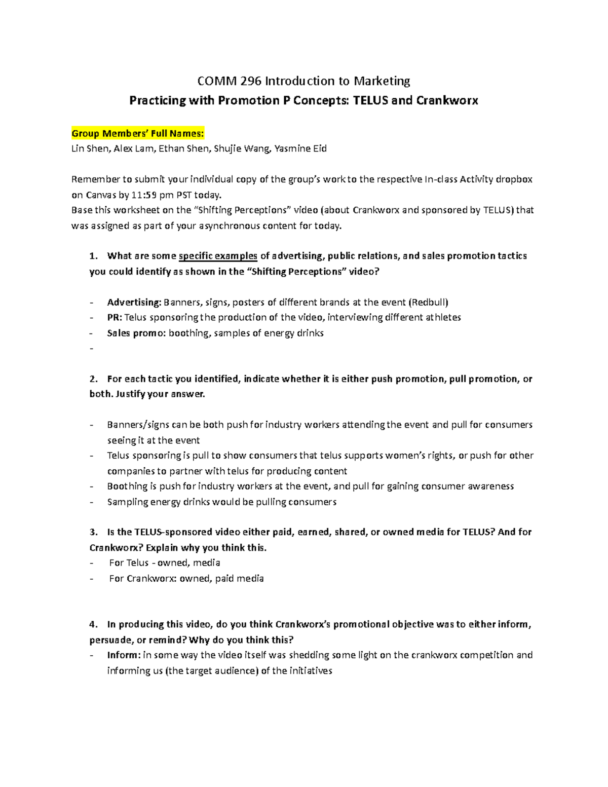 COMM 296- in class activity - COMM 296 Introduction to Marketing ...