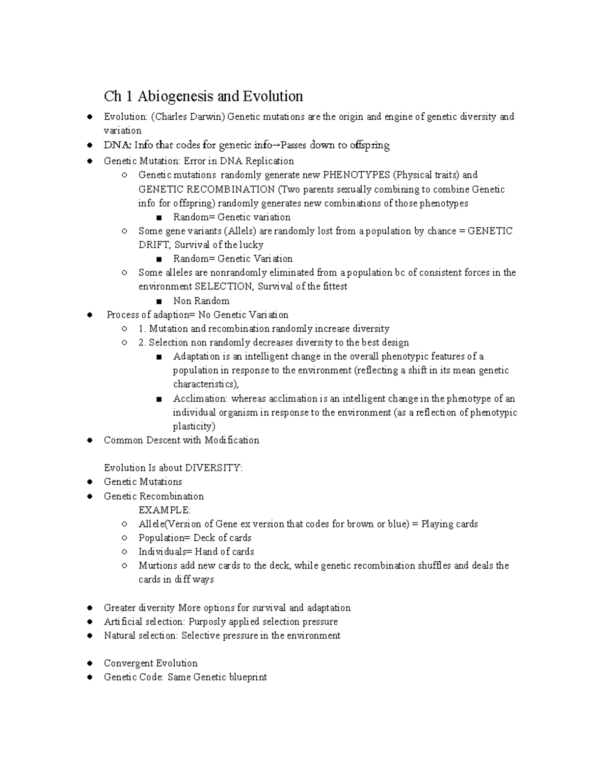 Course Code: BIO 101 - Chapter 1 to 3: Diversity, Evolution, and ...