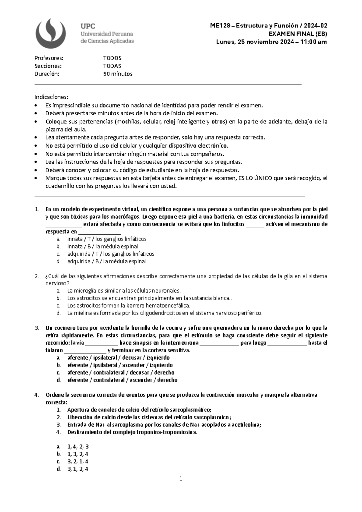 ME129 Estructura y Función EXAMEN FINAL (EB) 25 Noviembre 2024 - Studocu