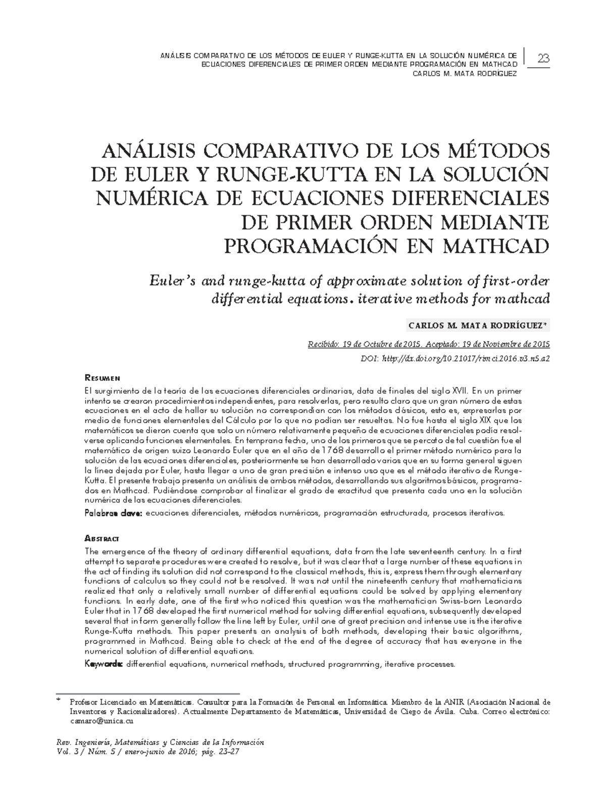 ANÁLISIS COMPARATIVO DE LOS MÉTODOS DE EULER Y RUNGE-KUTTA EN MATHCAD ...