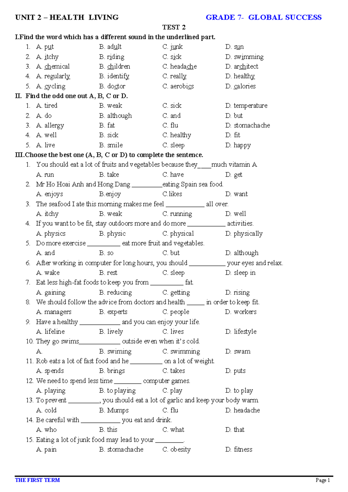 UNIT 2 - Health Living Grade Global Success Test 2 - Studocu