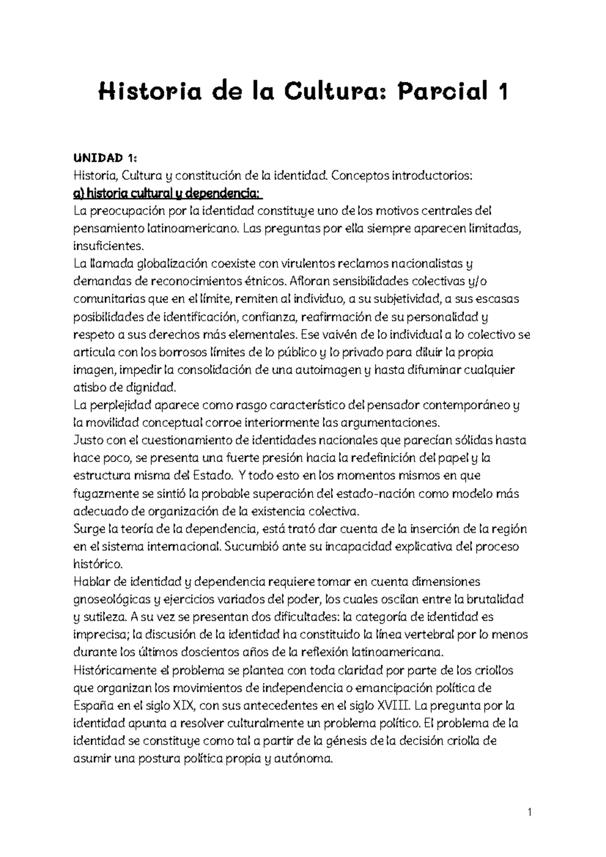 Parcial 1-HC: Resumen de Identidad y Cultura en América Latina - Studocu