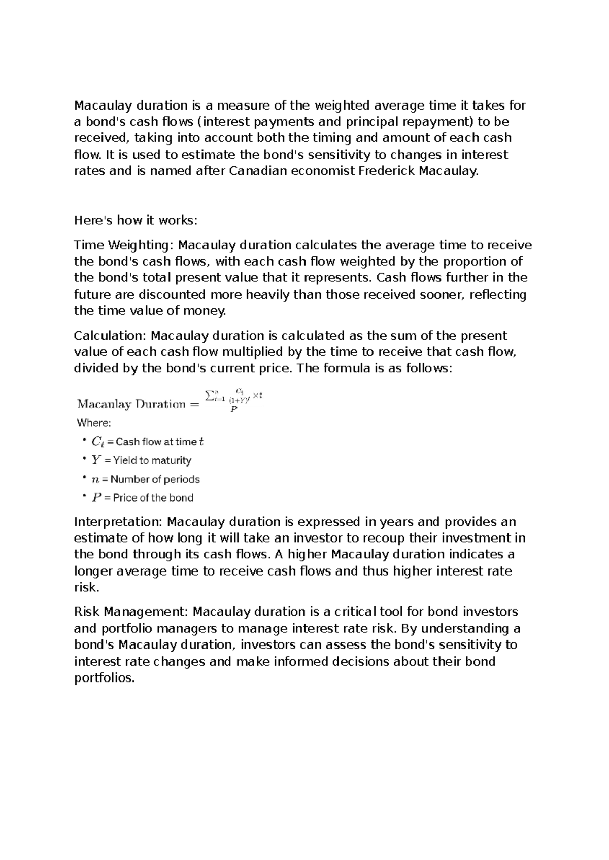 FIN Notes: Understanding Macaulay Duration in Bond Investments - Studocu