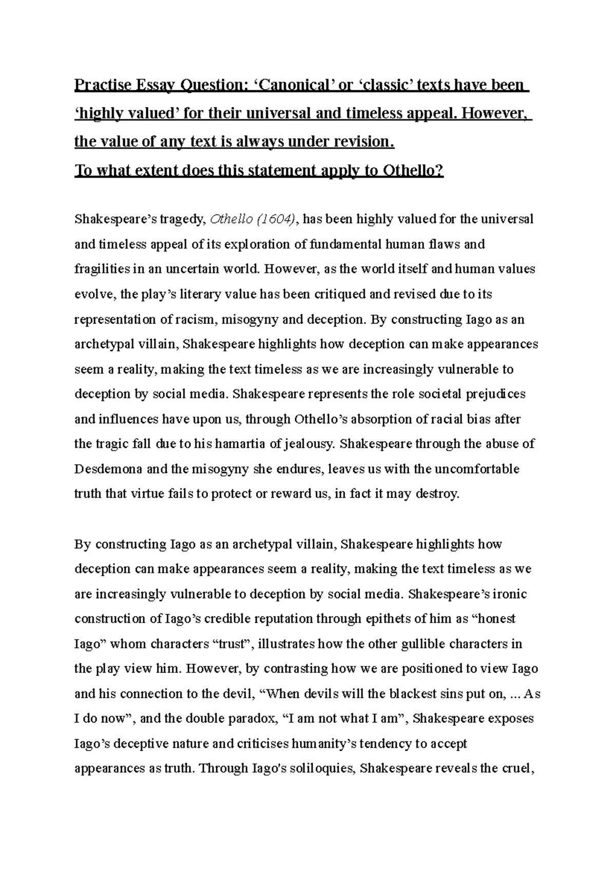 Othello (1604) Practice Essay: Timeless Themes of Deception and ...