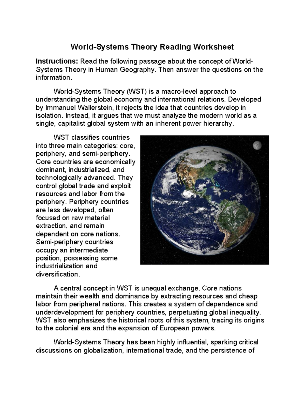 AVA WOOD - World Systems Theory Reading Worksheet Instructions - Studocu