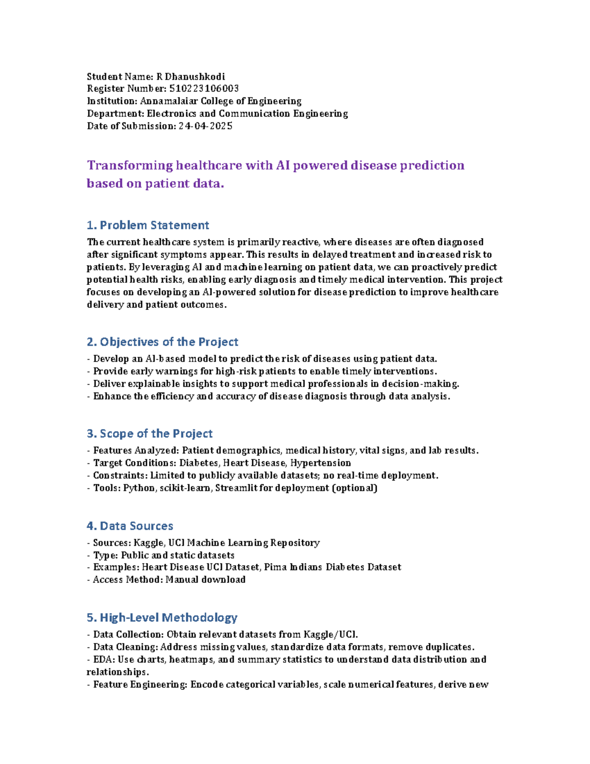 AI Disease Prediction Project Phase 1 - ECE 510223106003 - Studocu