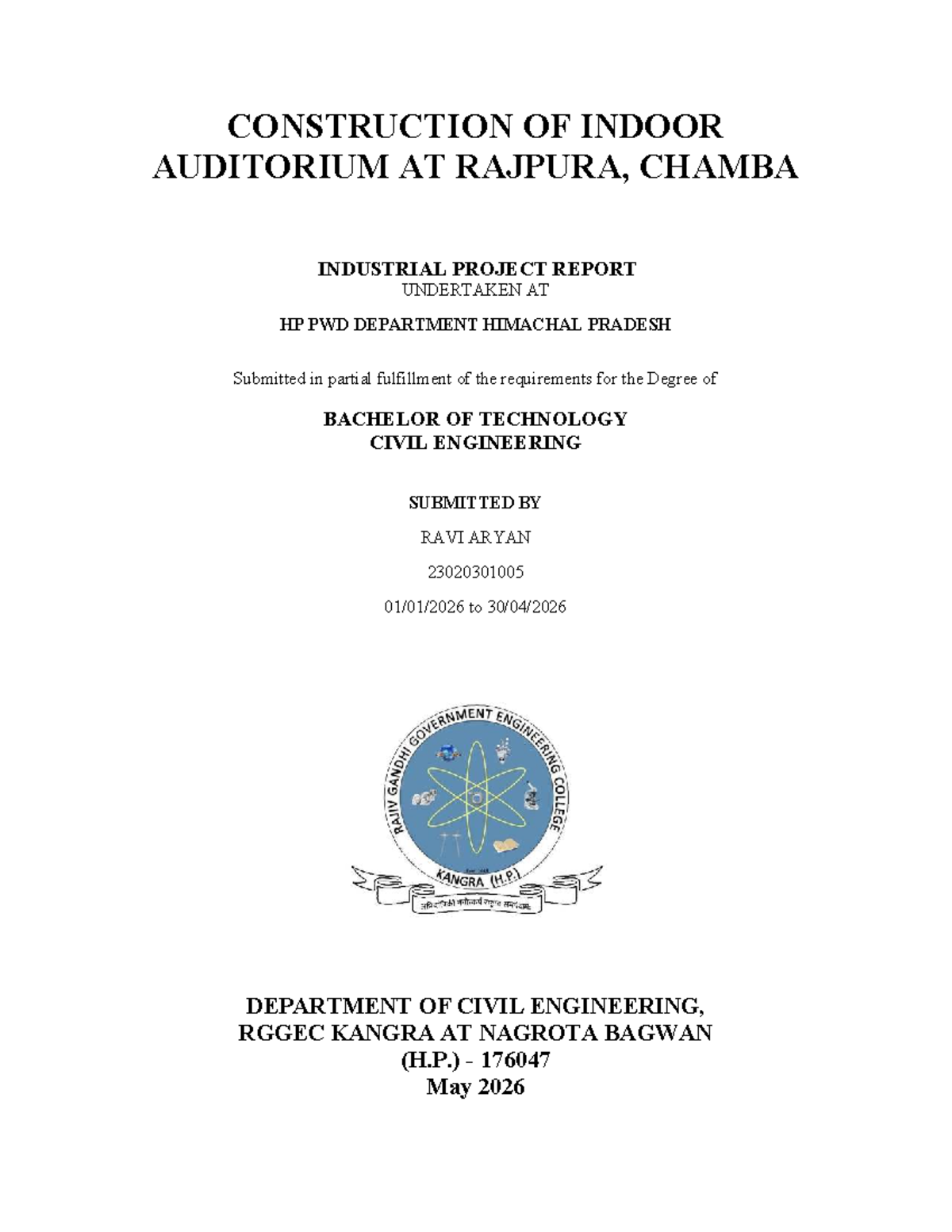 B.Tech Civil Engineering Project Report: Indoor Auditorium at Rajpura ...