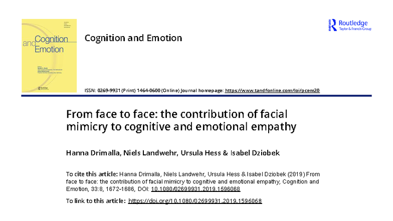 Cognition and Emotion 33:8 - Facial Mimicry's Role in Empathy - Studocu